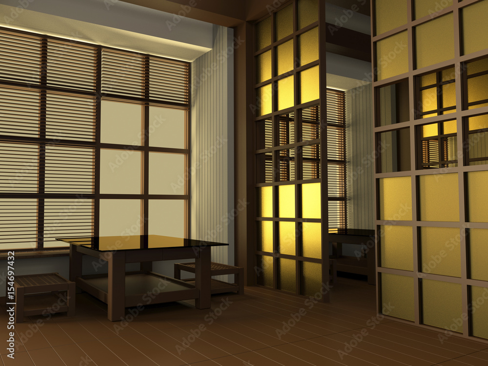 Interior of the restaurant in Japanese style. Rice paper in windows ...