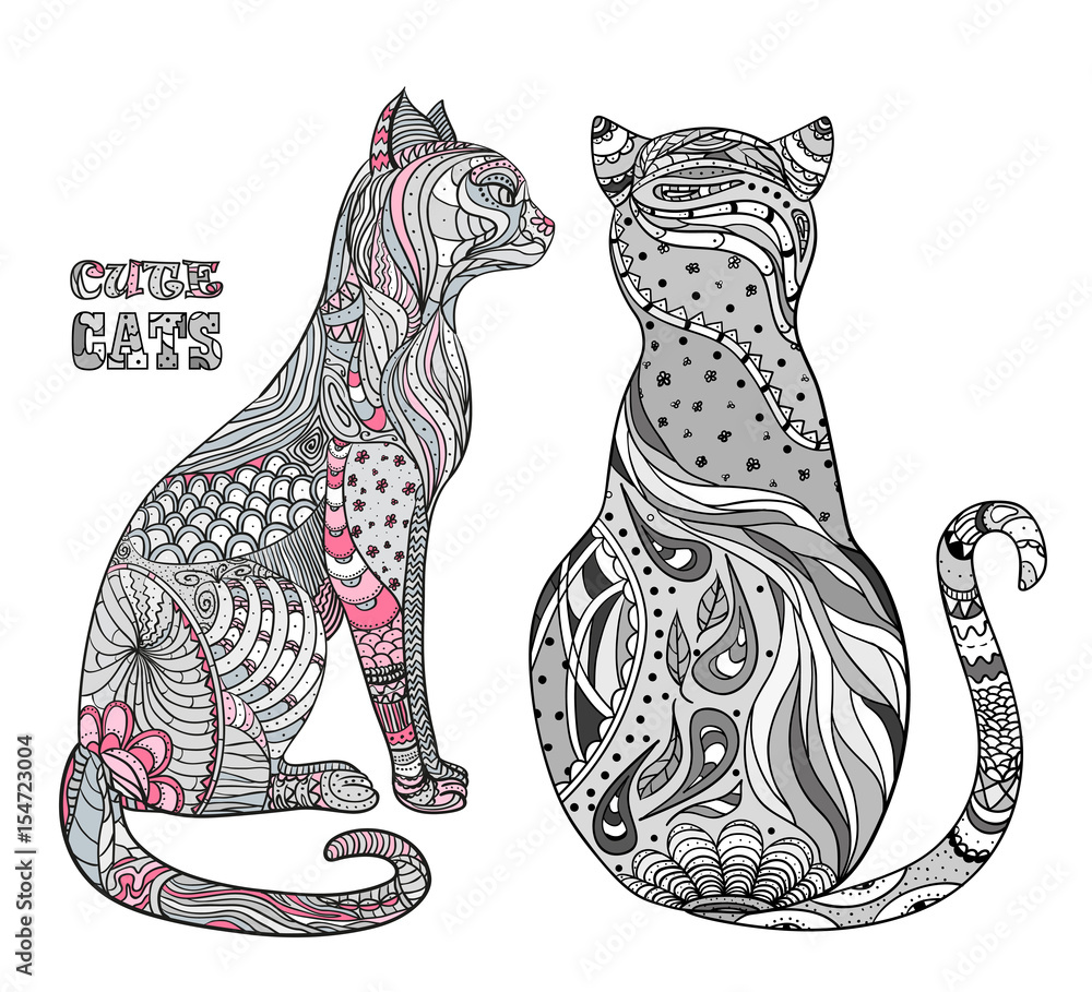 Zen cats. Design Zentangle. Hand drawn cat with abstract patterns on ...