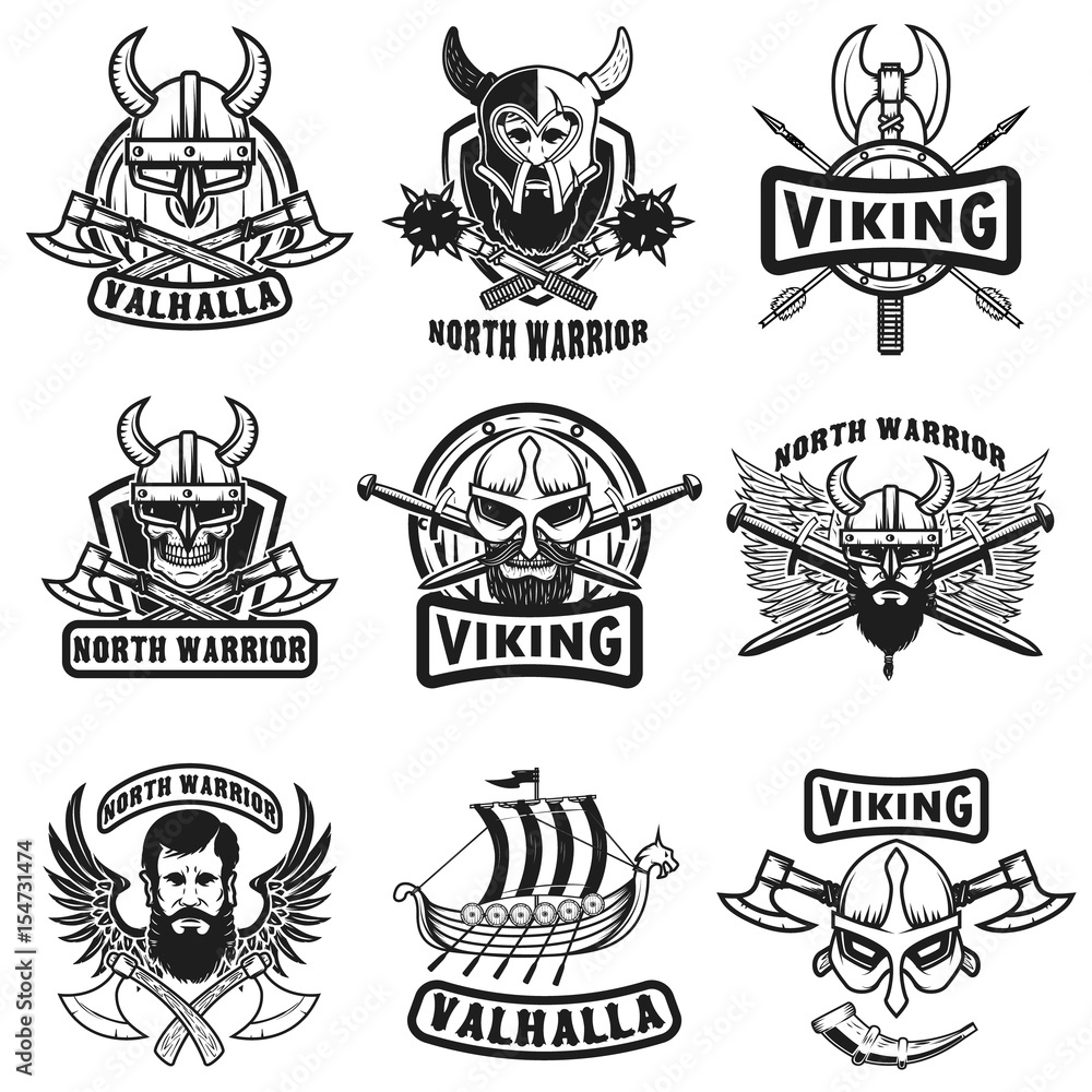 Set of vintage viking labels. Viking warrior in horned helmet, with ...