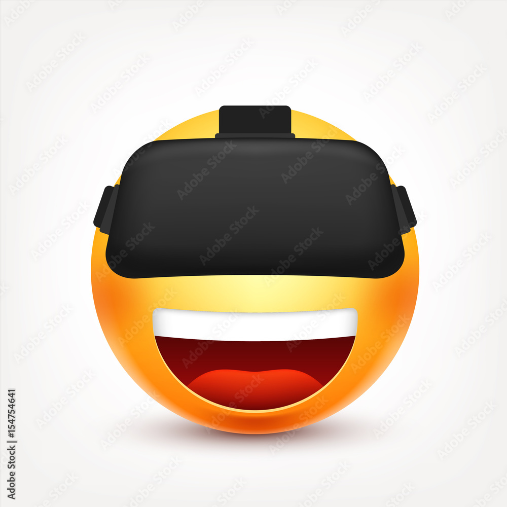 Smiley with VR glasses,smiling emoticon. Yellow face with emotions ...