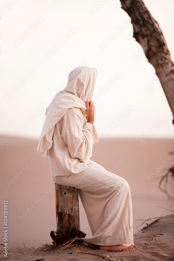 Jesus Christ sitting on a tree stump overlooking sand dunes at sunset ...