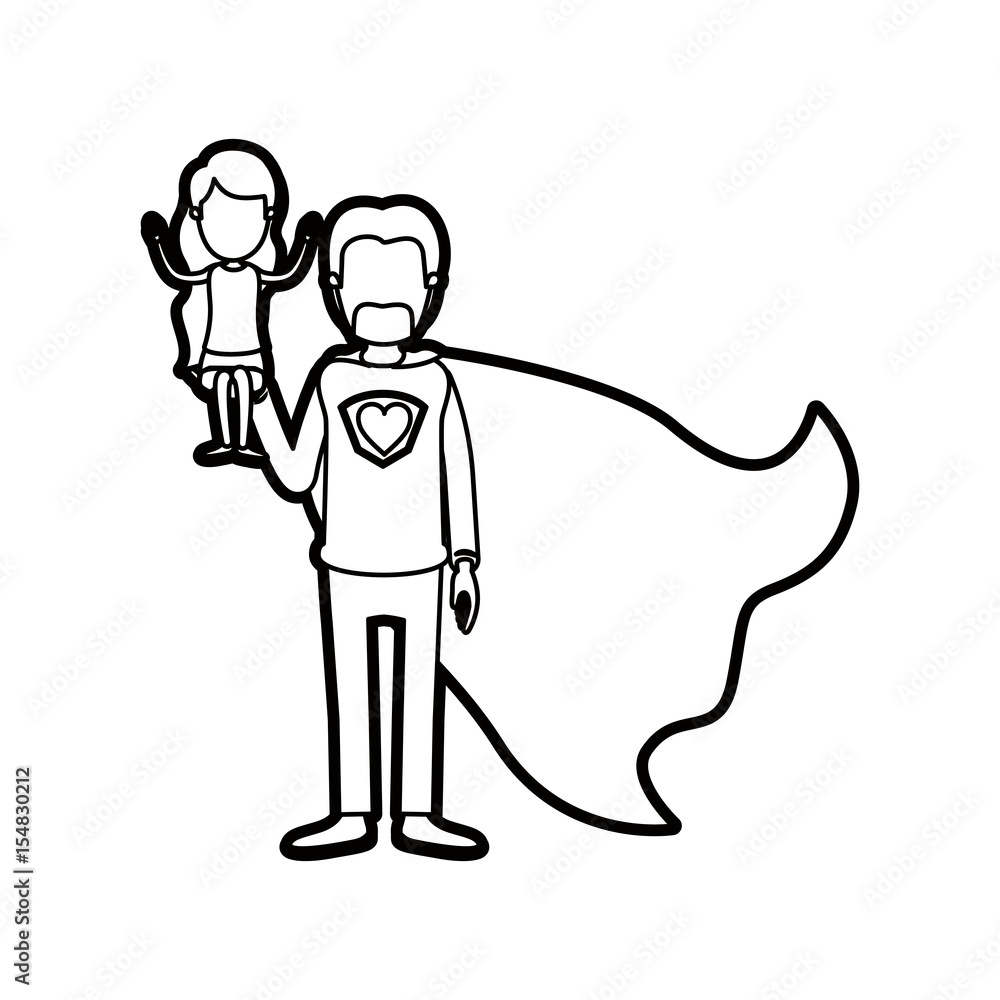 caricature thick contour faceless full body super dad hero with girl on ...