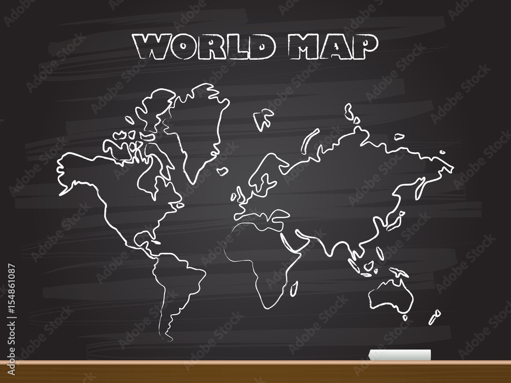 Chalk hand drawing with world map. Vector illustration. Stock Vector ...