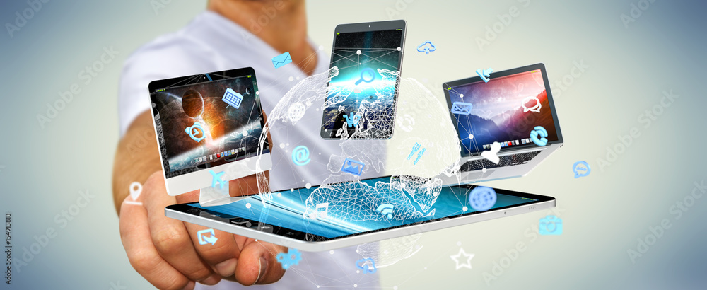 Businessman connecting tech devices to each other 3D rendering Stock ...