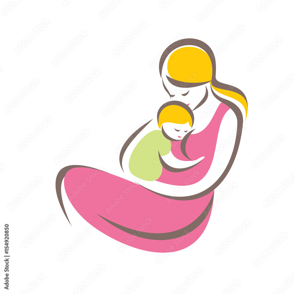 mother and baby stylized vector symbol, mom huges her child logo ...