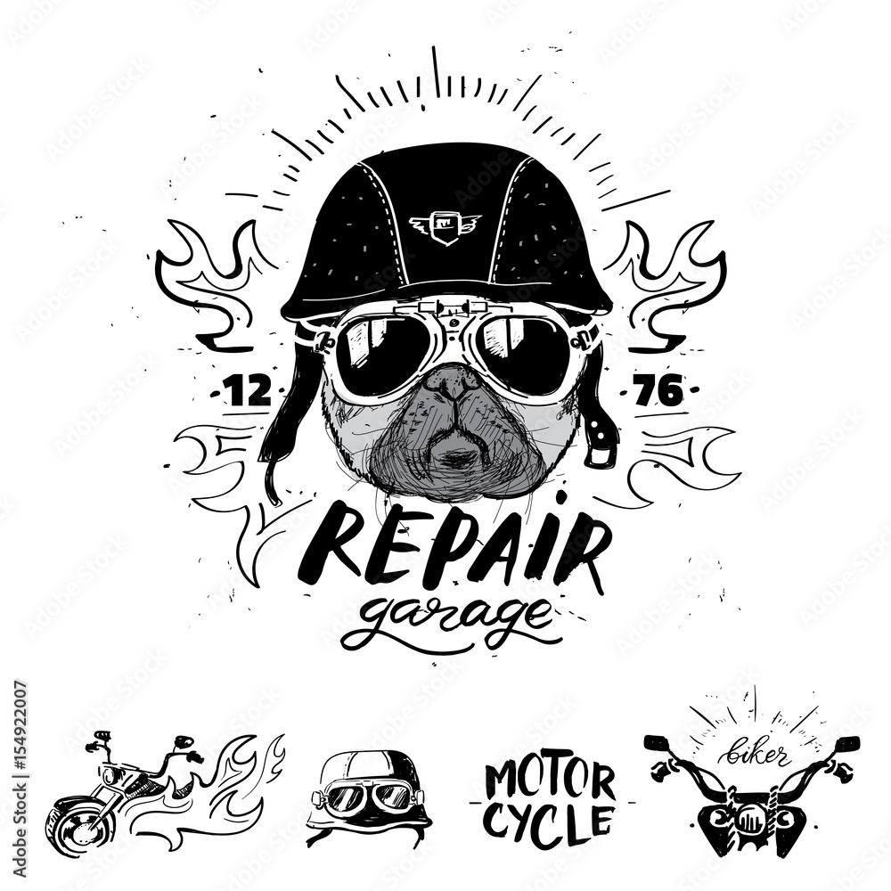 Biker pug dog. Set of vintage motorcycle emblems, labels, badges, Stock ...