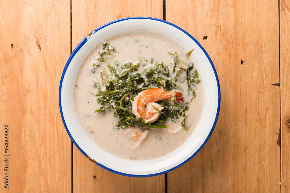 Shrimp and Paco fern (Diplazium esculentum) boil with coconut milk ...
