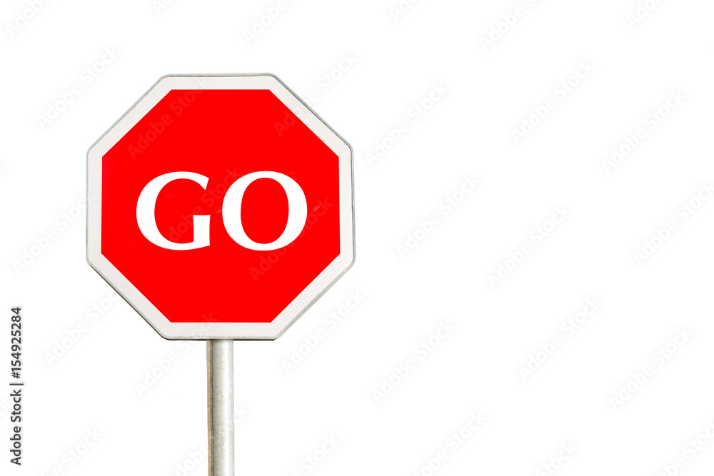 Red road sign and alphabet of GO isolated on white background for going ...