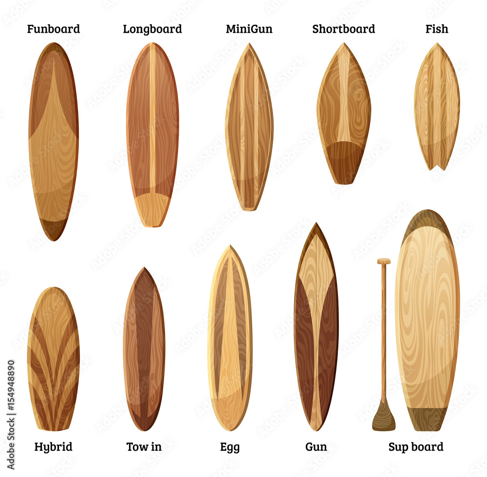 Different sizes and designs of wood surfboards isolate on white ...