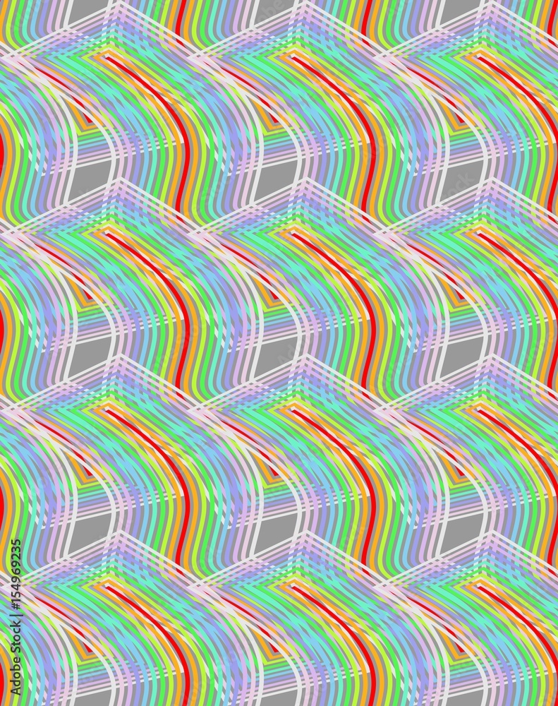 Overlapping wavy rainbow shapes on grey background, seamless vector ...