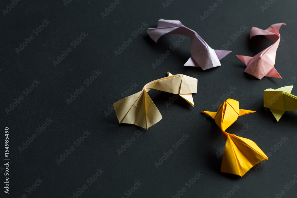 Oval frame figure of handmade paper craft origami gold koi carp fishes ...