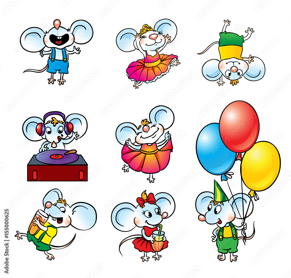 Set of cartoon mouse, birthday party. Mouse sings, dances, standing on ...