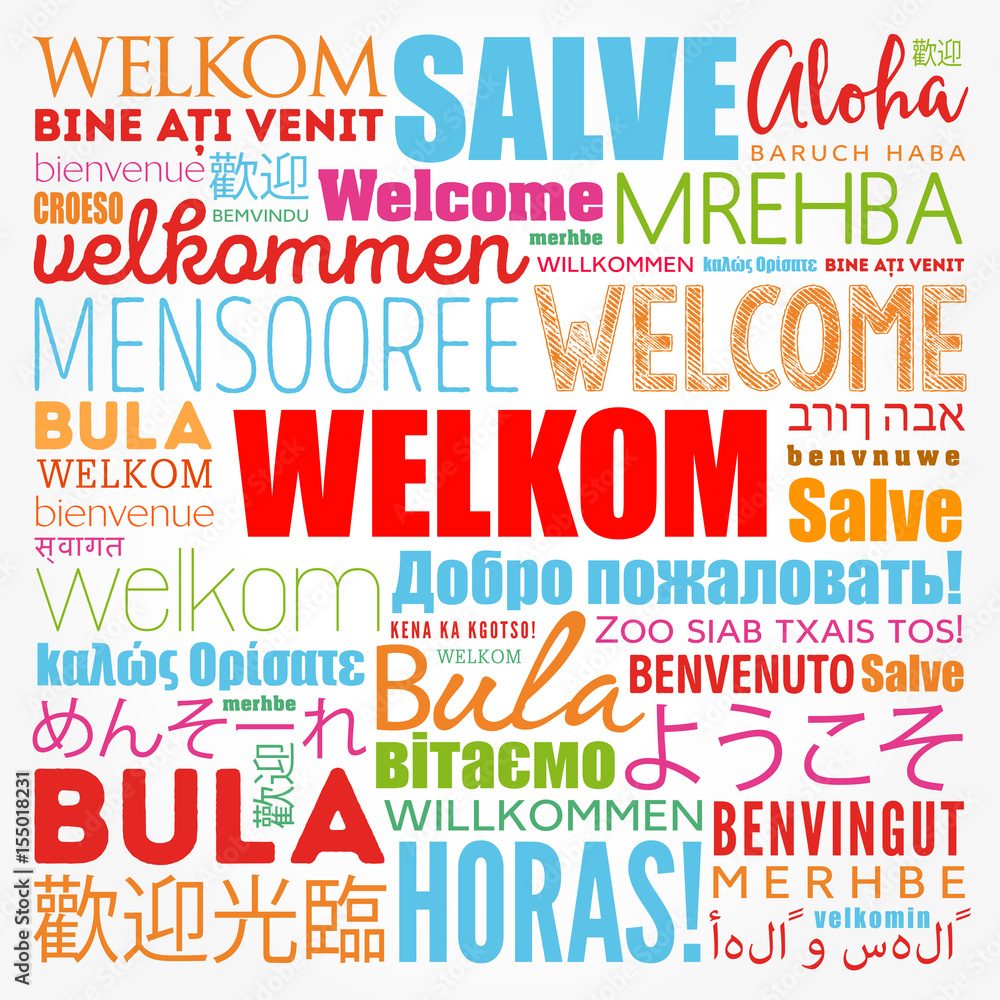 Poster Welkom (Welcome in Afrikaans) word cloud in different languages ...