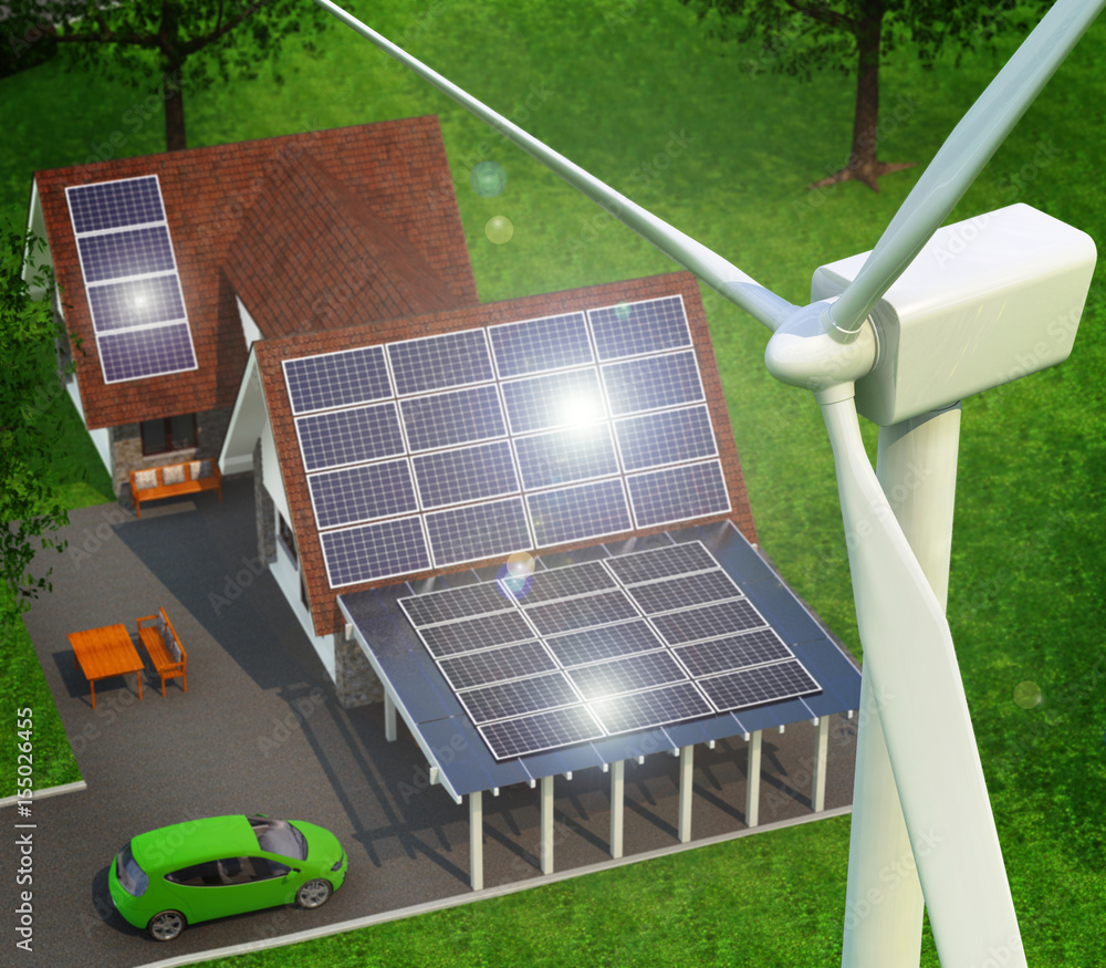 Solar Ann Wind Power House 3d concept, Solar Panels With Lens Flare ...