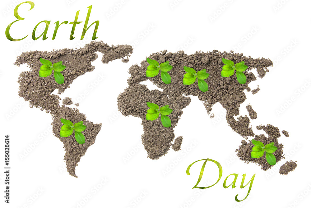 Earth Day. Concept ecology. World map, globe from the soil with green ...