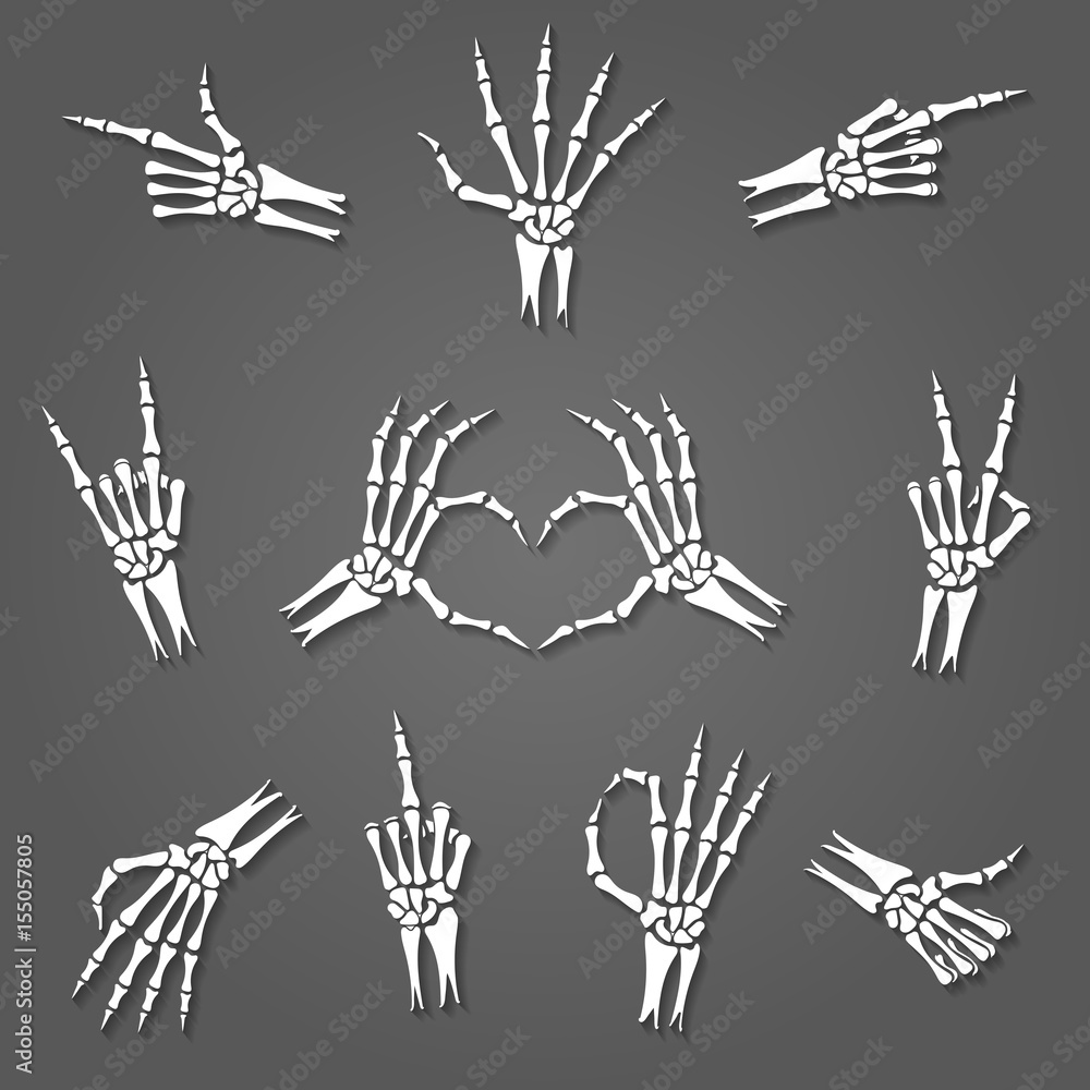 Skeleton hand signs isolated on grey background. Xray arm bones or ...