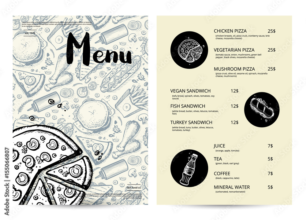 Restaurant fast food menu with prices. Vintage food design template ...