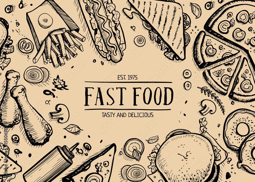 Fast food retro advertising background. Cafe price catalog, junk food ...