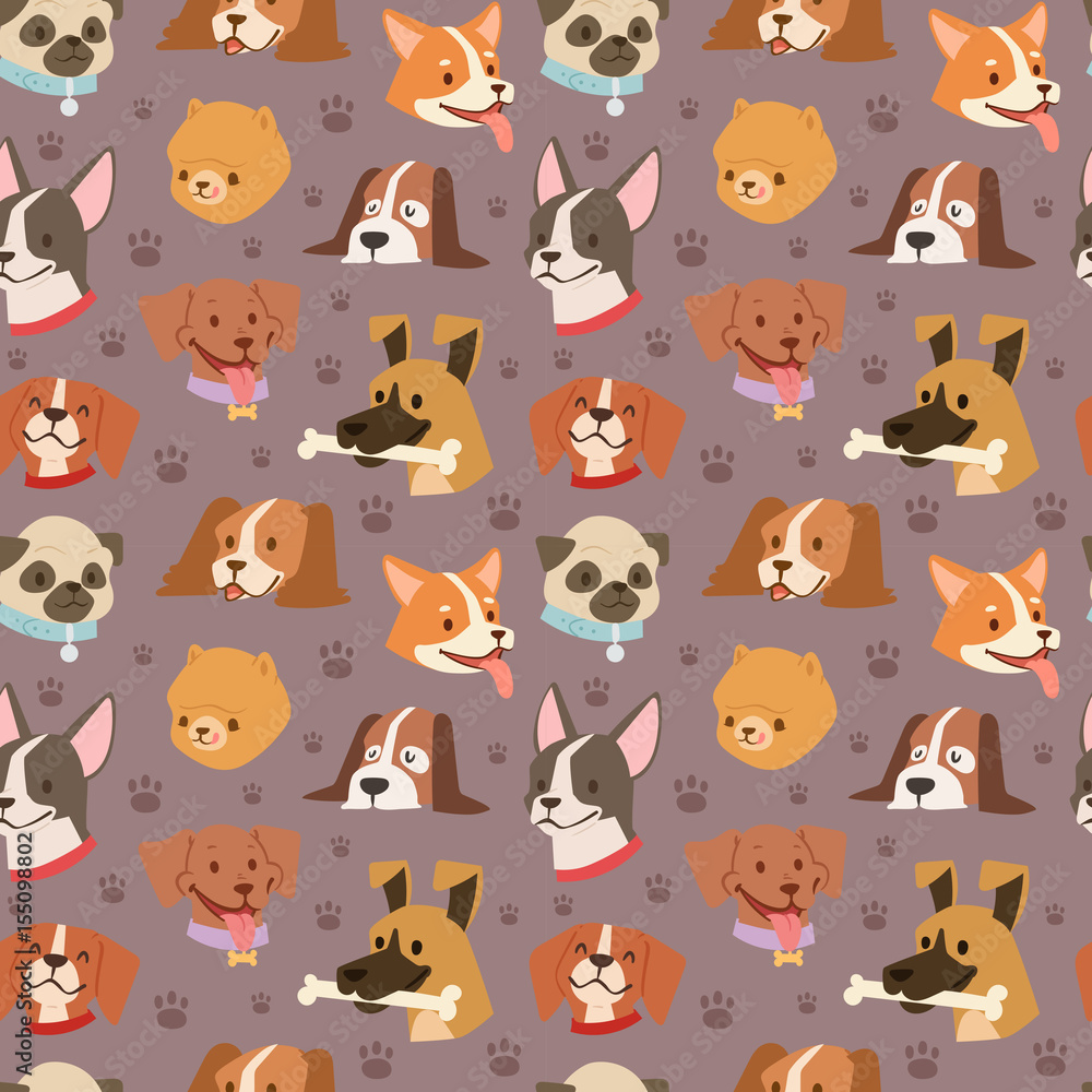 Dogs cute pets heads avatar face seamless pattern background vector ...