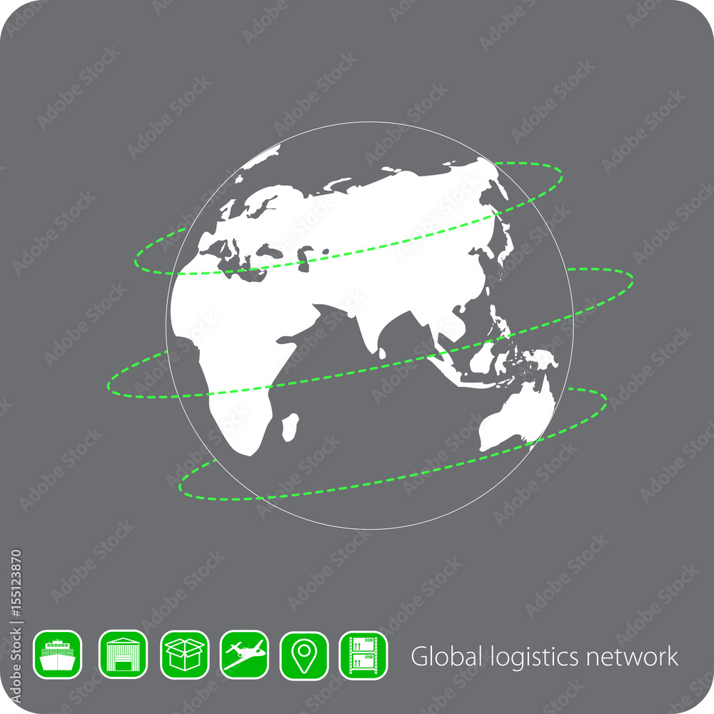 Global logistics network. Gray similar world map. Set icons transport ...