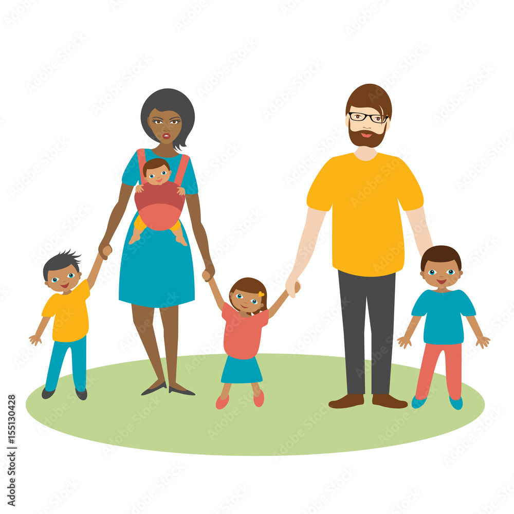 Mixed race family with three children. Cartoon ilustration, vector ...
