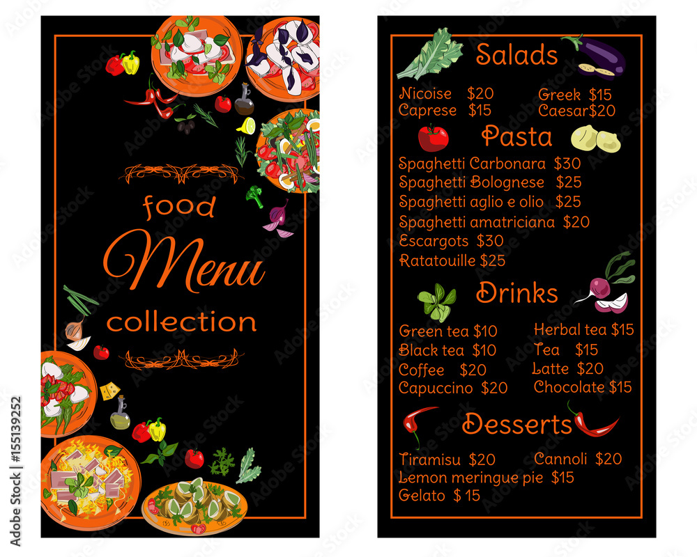Vertical restaurant menu with hand drawn dishes and ingredients. Food ...