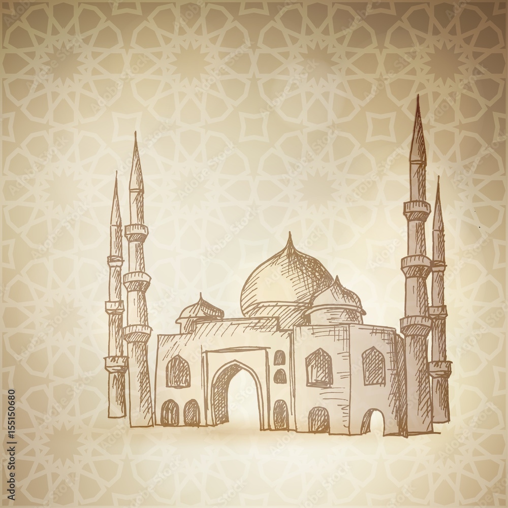 Hand drawn sketch of the mosque on the golden background with the ...