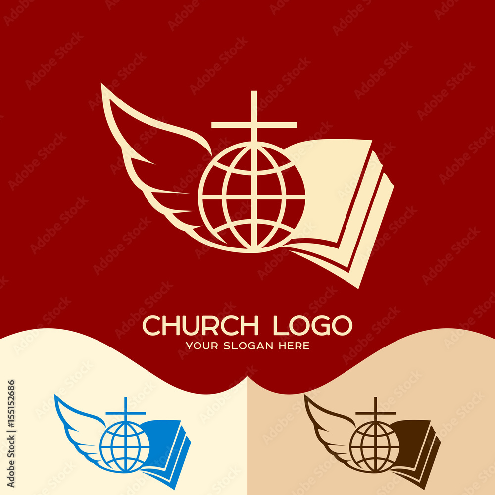 Church logo. Cristian symbols. Cross of Jesus, open bible, globe and ...