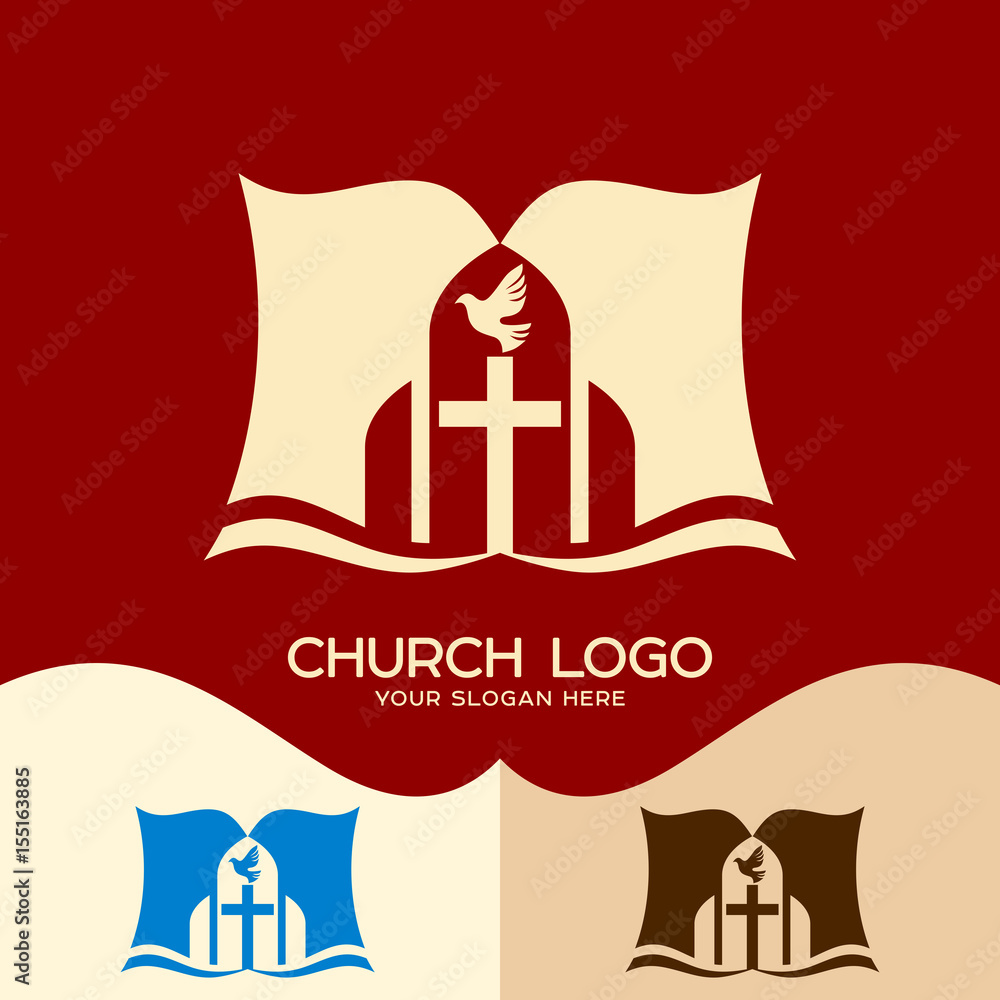 Church logo. Cristian symbols. The cross of Jesus, the open bible and ...