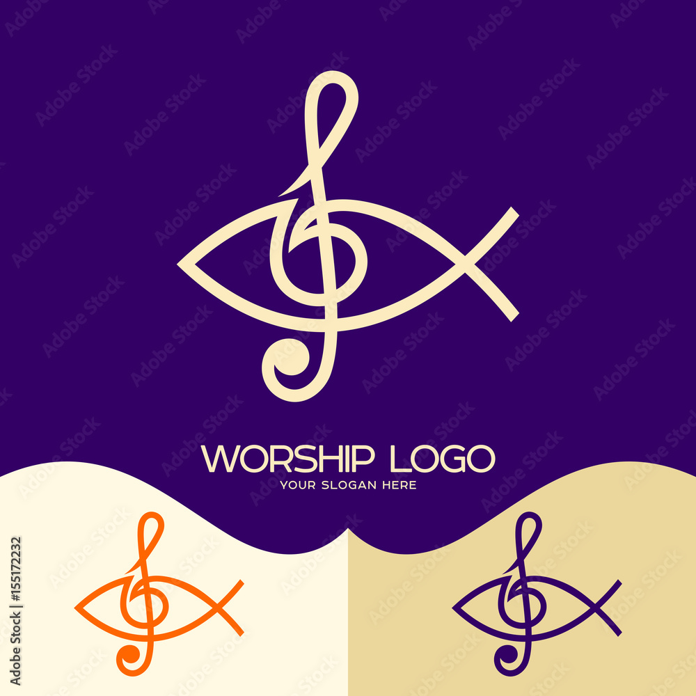 Worship logo. Cristian symbols. The Fish of Jesus and the musical note ...