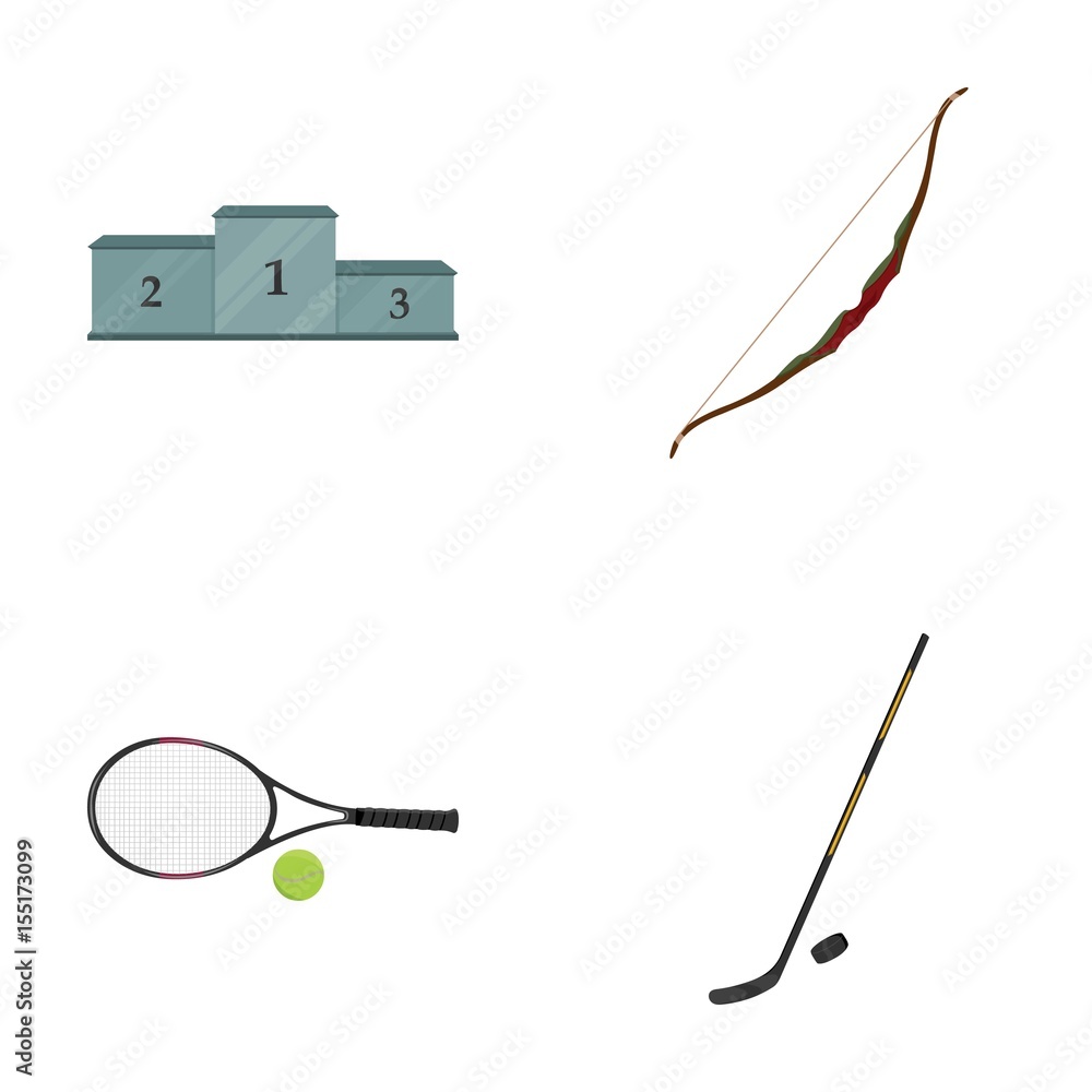 Pedestal of honor for the winners, bow for shooting arrows, racket with ...