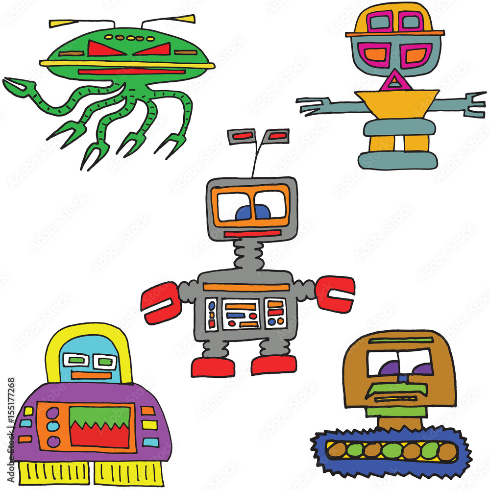 Hand Drawn Cartoon Space Invader Robot Characters Stock Vector | Adobe ...