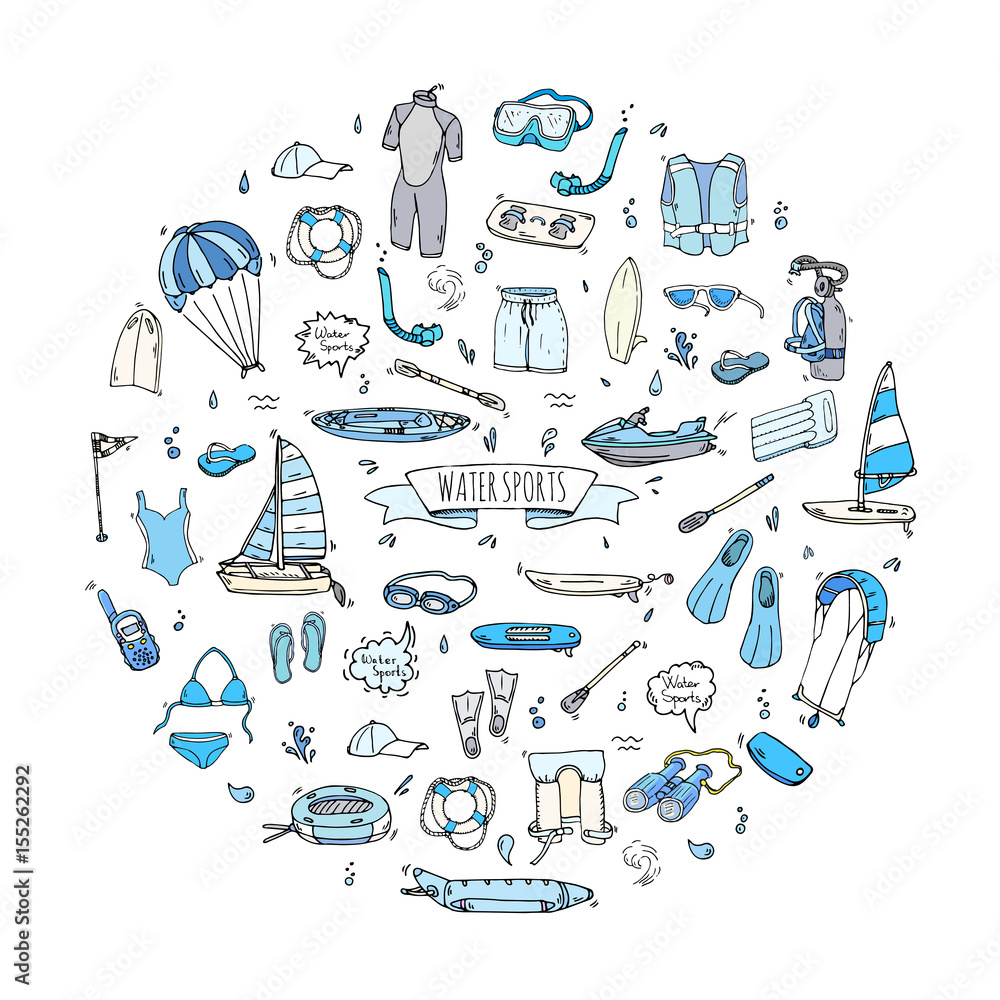 Hand drawn doodle Water sports icons set. Vector illustration, isolated ...