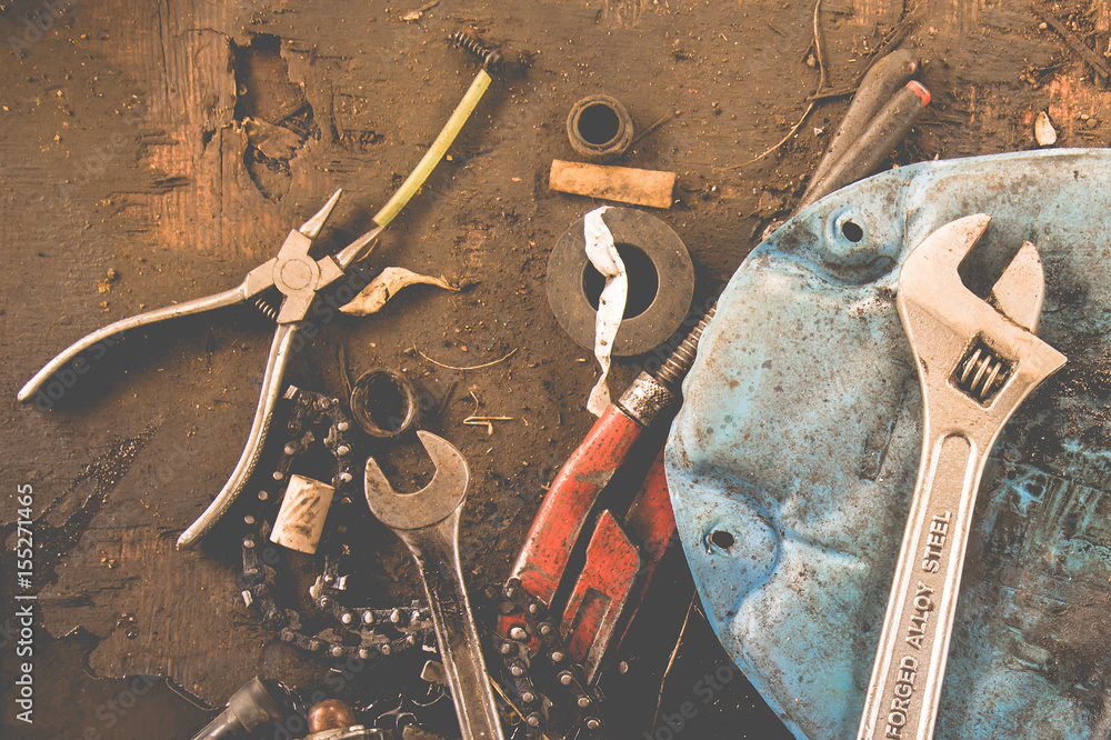 Many Tools on dirty floor, Set Craftsman tool , mechanical tools ...