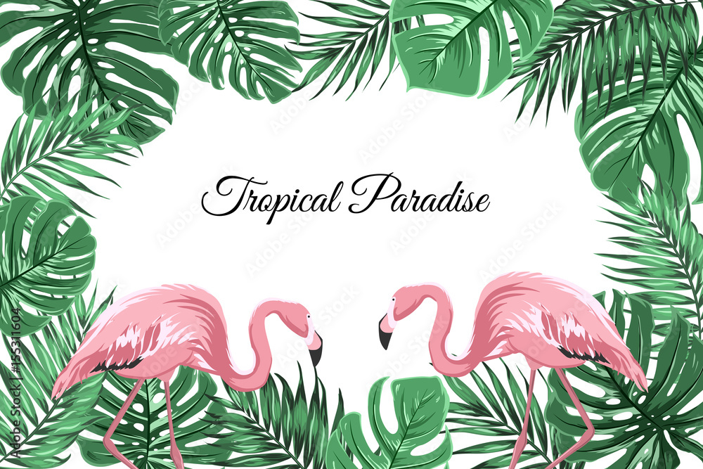 Exotic tropic landscape border frame template with greenery jungle palm ...