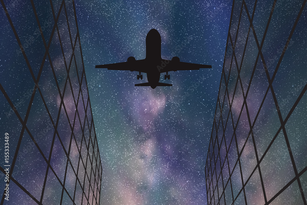 Flying aircraft between glass buildings at night. Vector illustration ...