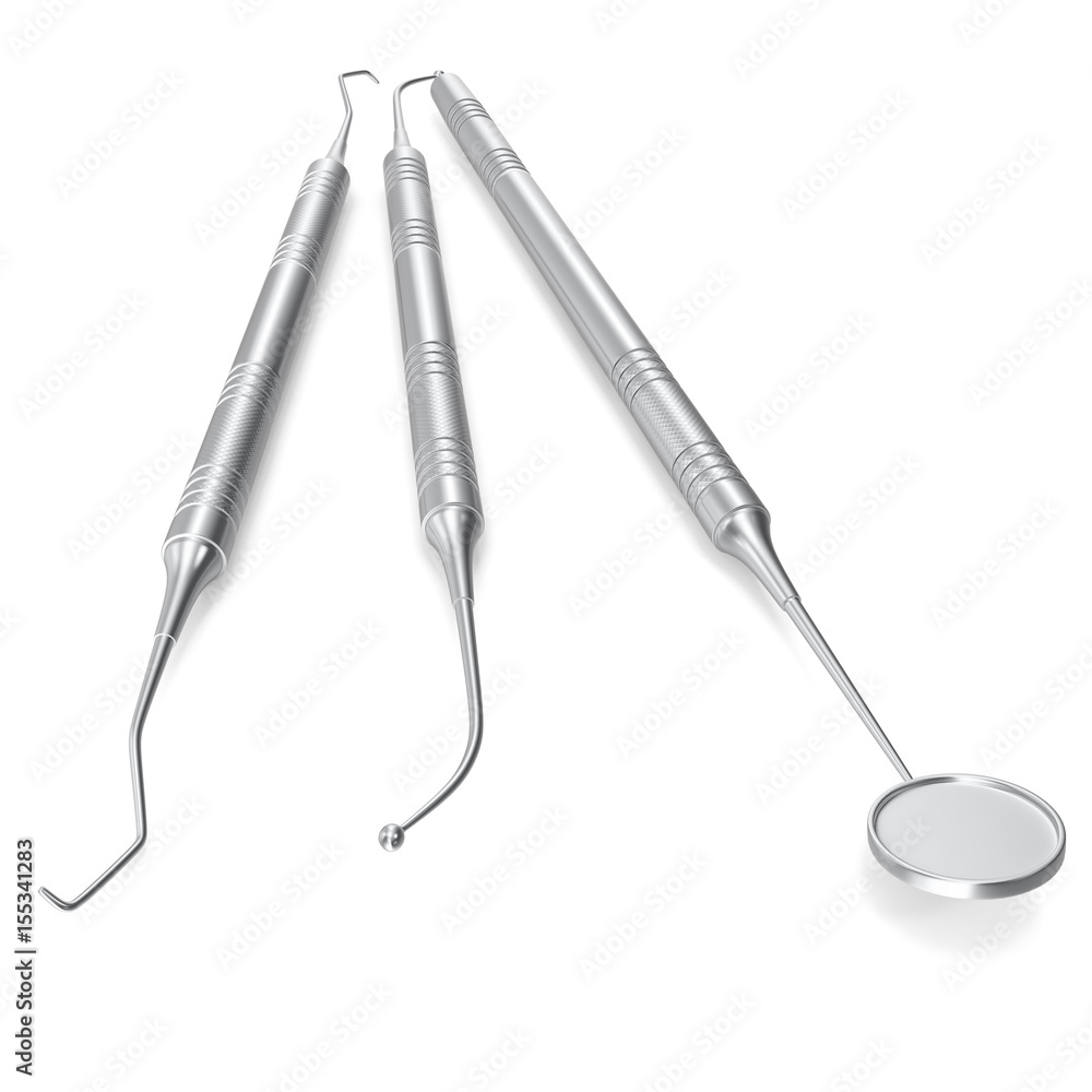 Dental set, mirror, probe, isolated on white background. 3D rendering ...