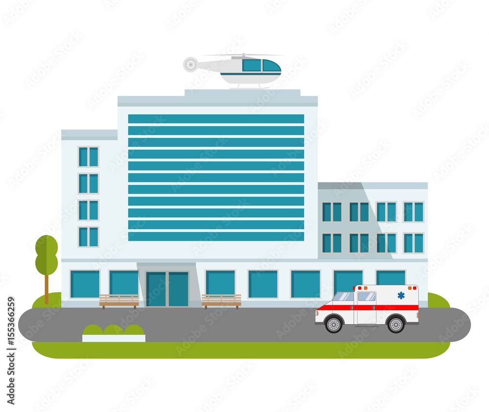 City hospital building cartoon modern with ambulance flat style and the ...