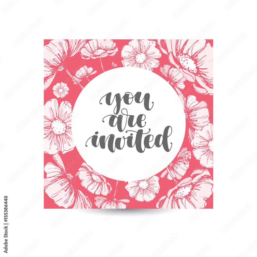 You are invited postcard. Ink hand written illustration. Modern brush ...