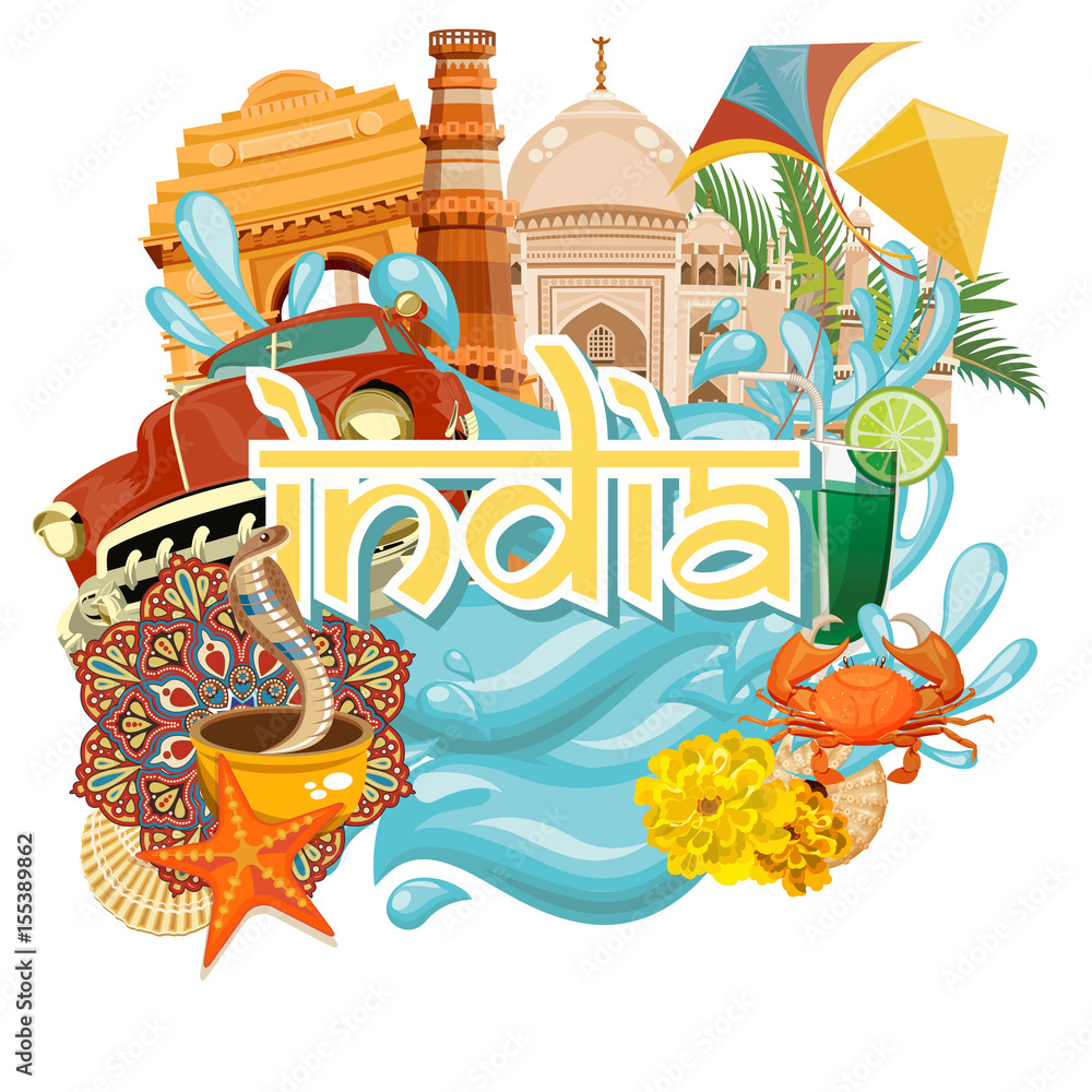 India. Goa. Vector illustration. Indian colorful template. Tropical ...