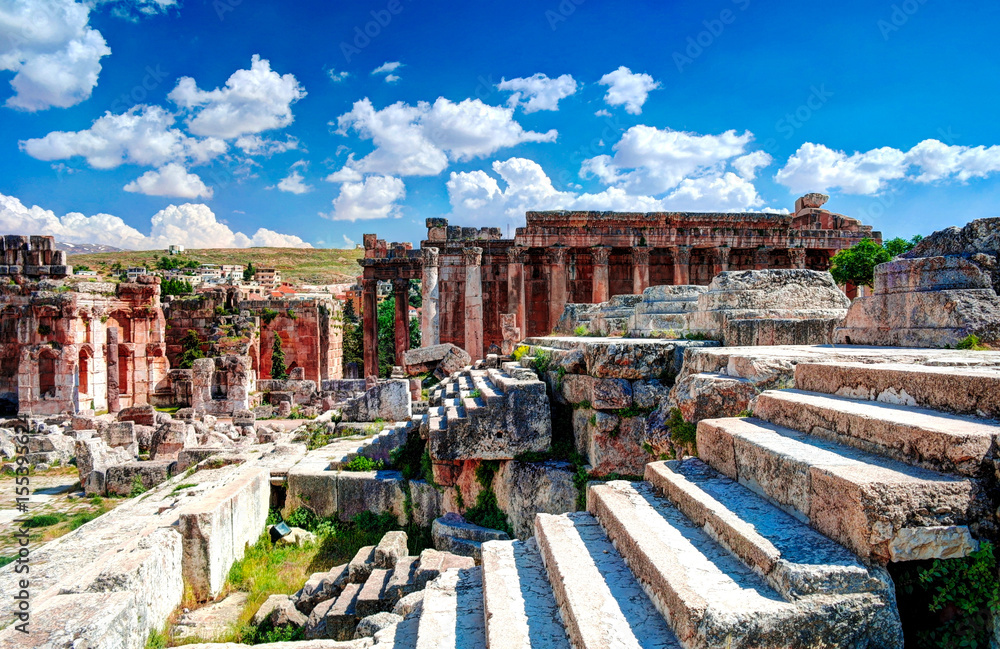 Ruins of Jupiter temple and great court of Heliopolis in Baalbek, Bekaa ...