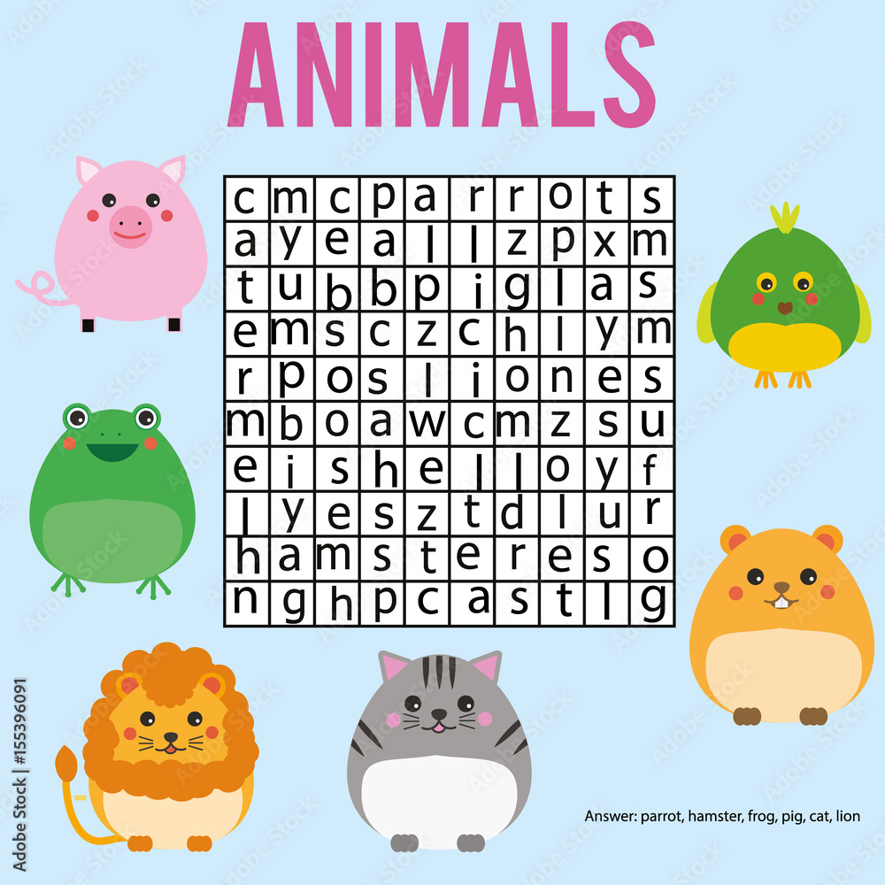 Educational children game. Word search puzzle kids activity. Animals ...