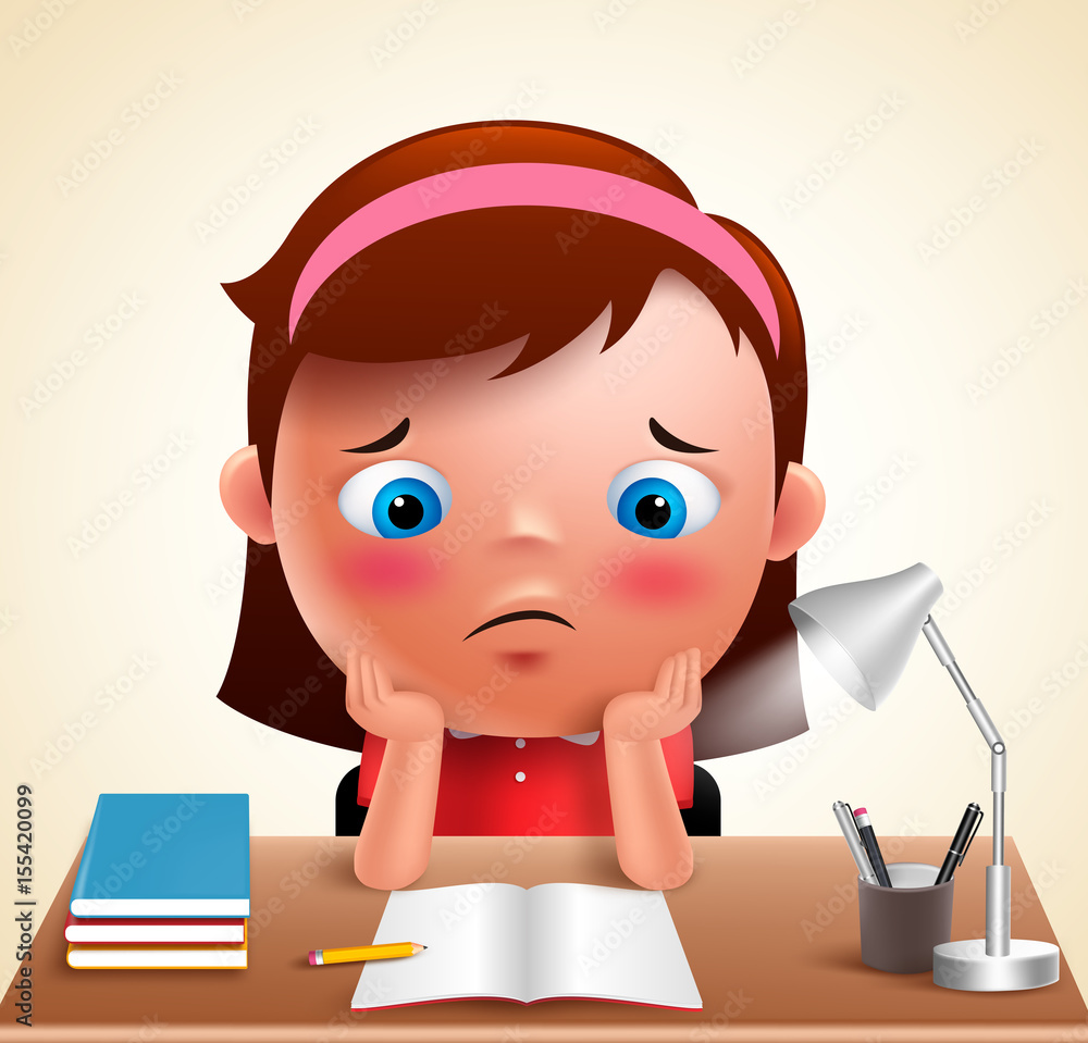 Preschool girl kid vector character bored studying school homework in ...