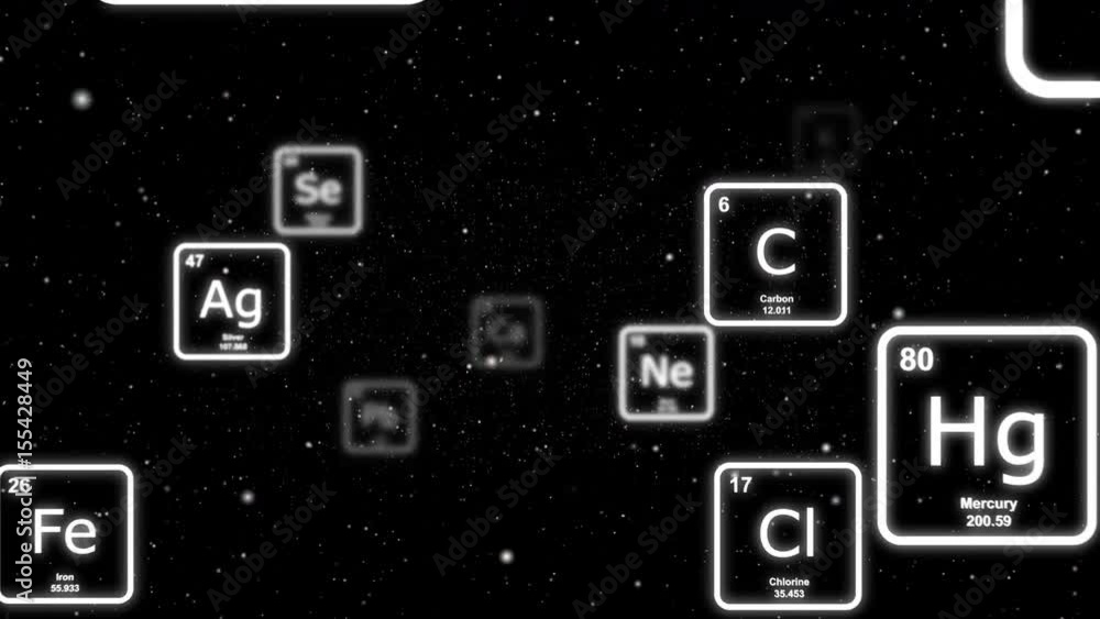 White chemical elements from the periodic table floating by on a ...