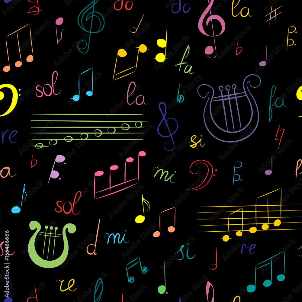 Seamless Pattern of Hand Drawn Set of Music Symbols. Colorful Doodle ...