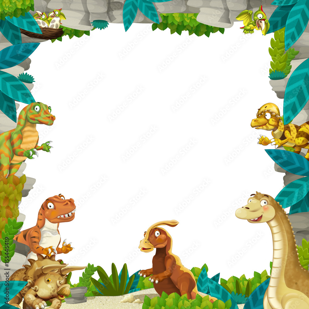 cartoon prehistoric nature frame with dinosaurs - illustration for ...