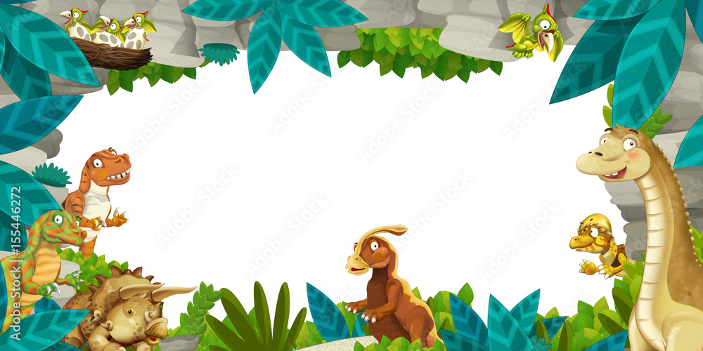 cartoon prehistoric nature frame with dinosaurs - illustration for ...