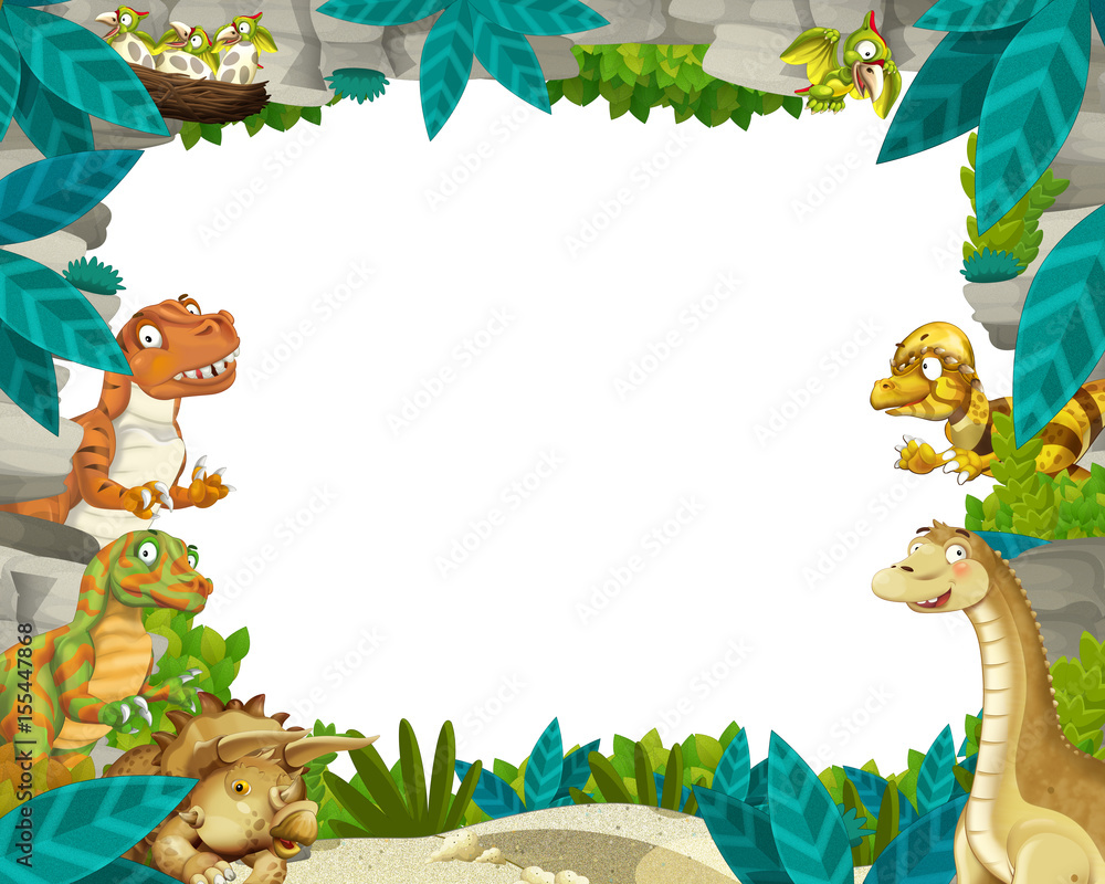 cartoon prehistoric nature frame with dinosaurs - illustration for ...