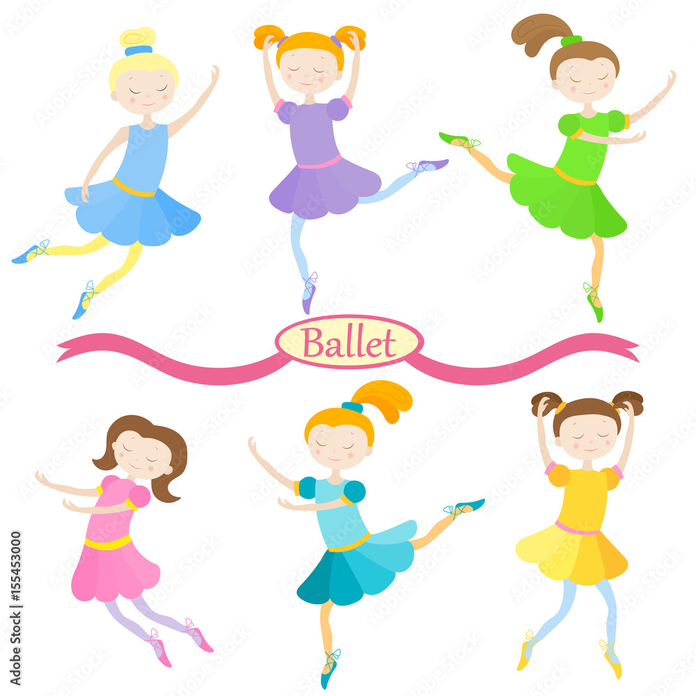 Set of cute cartoon girls of ballet dancers in different poses Stock ...