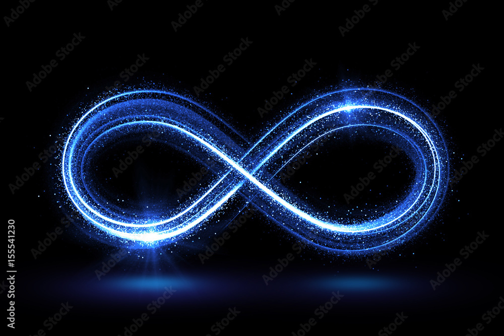Lighting 3d infinity symbol. Beautiful glowing signs..Sparkling rings. Swirl icon on black ...